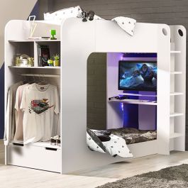 Impact Bunk Bed With Gaming Computer Desk In White | Elegant Furniture UK
