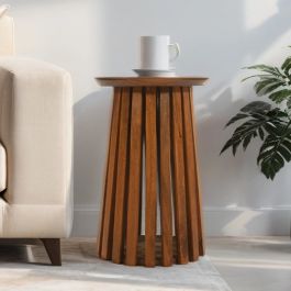Slatted Mango Wood Round Side Table In Walnut | Elegant Furniture UK