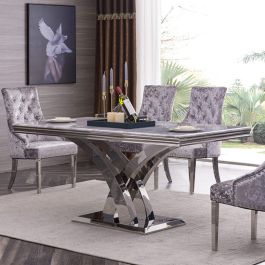 Zenith Natural Stone Dining Table In Marble Effect With Stainless Steel ...